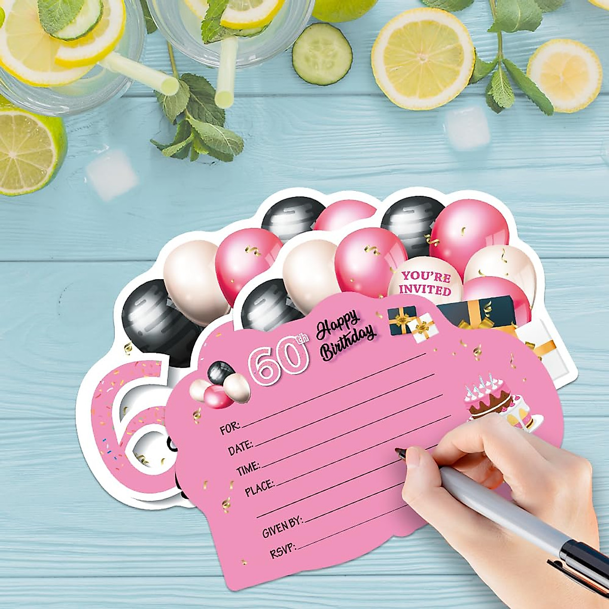 ERHACHAIJIA 20 PCS Pink & Black Golden Balloons & Cake Shaped Fill-In Invitations Cards With Envelopes, Funny 60th Happy Birthday Party 60 Year Old Birthday Invites For Women Lady Wife Mom Adults