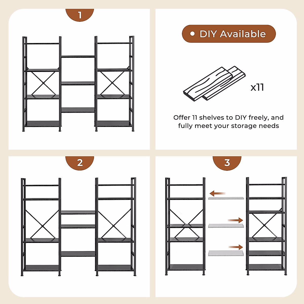SUPERJARE Triple 4 Tier Bookshelf, Bookcase with 11 Open Display Shelves, Wide Book Shelf Book Case for Home & Office, Black