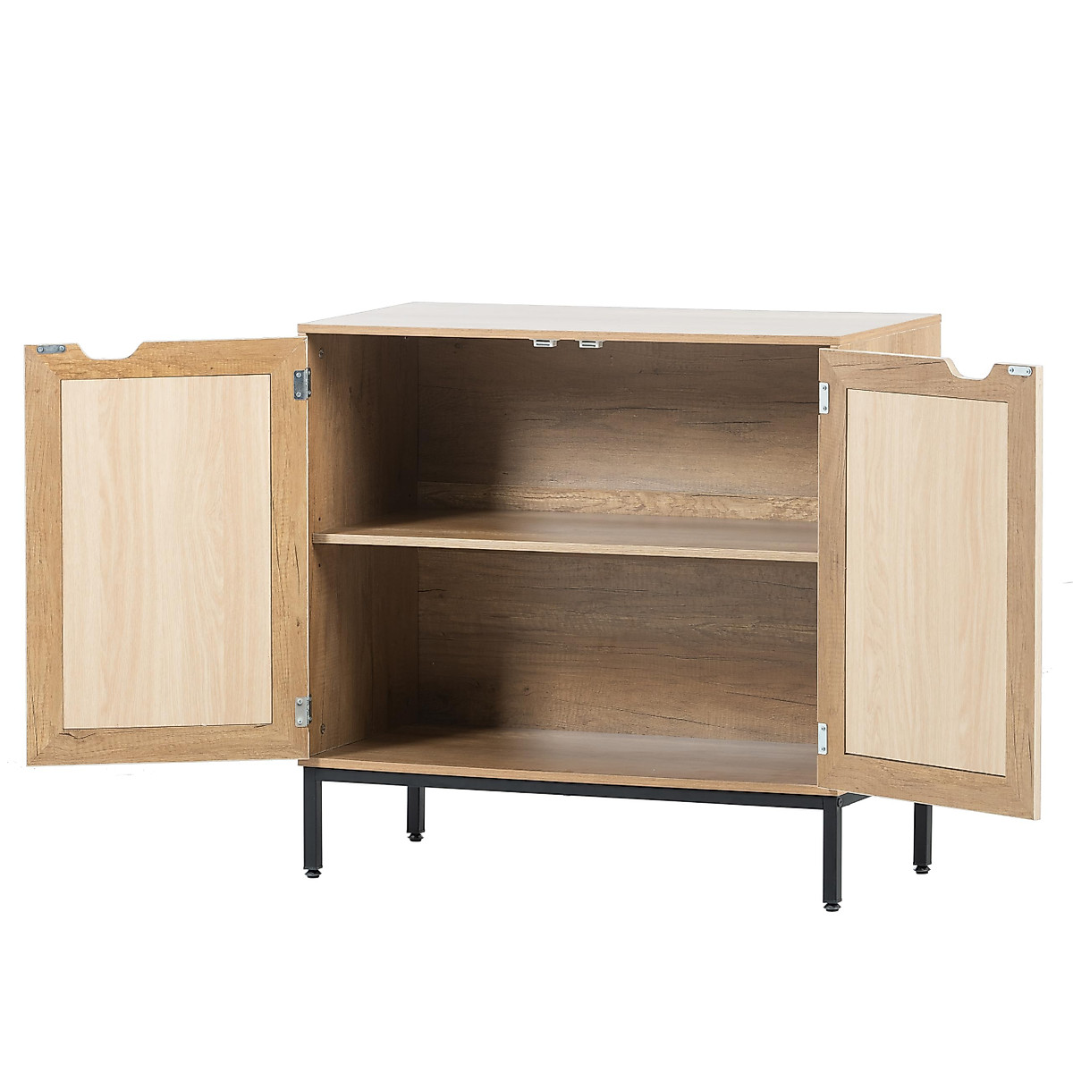 HESIEU Country Style Storage Cabinet with 2 Rattan Doors Natural Wood Sideboard Decorative Table Shoe Cabinet Office Cabinet with Metal Legs for Dining Room Kitchen Hallway Office