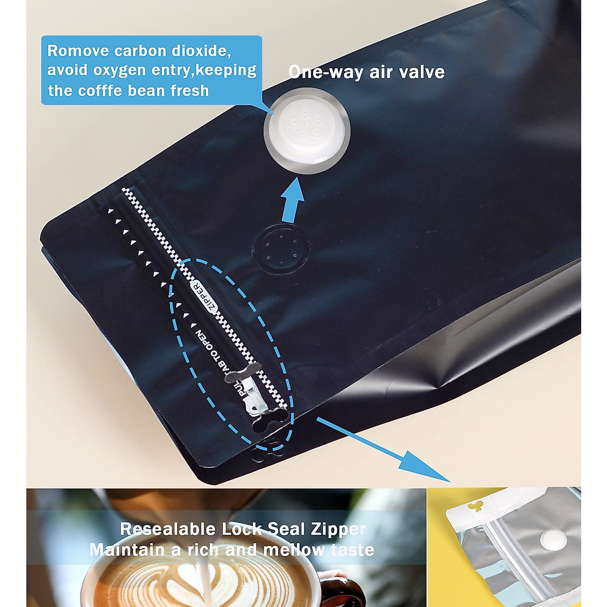 50 PCS Resealable Coffee Bags with Valve (1lb, 16oz) - Black Coffee Pouches Bags with One-way Degassing Valve for Coffee Bean Storage bag