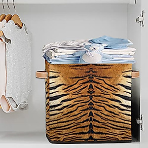 GzLeyigou Large Collapsible Storage Bins,Animal Tiger Leather Leopard Print Decorative Canvas Fabric Storage Boxes Organizer with Handles,Cube Square Baskets Bin for Home Shelves Closet Nursery Gifts