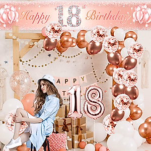 Happy 18th Birthday Banner Large Yard Sign Banner with Birthday Balloons Kit Set Rose Gold Cheer to 18 Years Old Birthday Party Decorations Supplies for Girls Photography Backdrop Decor