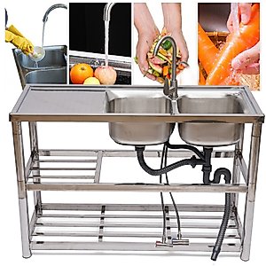 Stainless Steel Sink Outdoor Kitchen Sink with Faucet and Drain, Commercial Sink for Restaurant, Laundry Room, Backyard, Garages,2 Compartment Sink