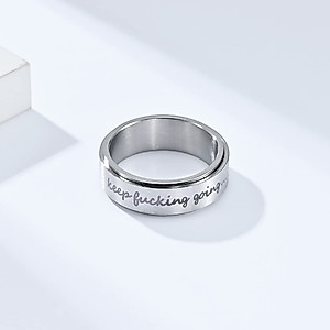 WOYNJI 8MM Stainless Steel Spinner Fidget Anxiety Ring for Men Women Inspirational Quote Keep Fucking Going Worry Stress Relieving Band Rings Silver Size 9