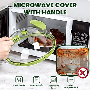 Gracenal Microwave Cover for Food, Clear Microwave Splatter Cover with Water Steamer and Handle, 10 Inch Plate Covers, Kitchen Gadgets and Accessories, House Essentials for Gifts, Green