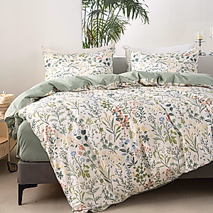BUPIRD Floral Twin Duvet Cover 100% Soft Cotton 3 Pieces Flower Bedding Set for Girls Fresh Chic Garden Style Green Botanical Floral Pattern Printed Twin Flower Duvet Cover, with Zipper Closure