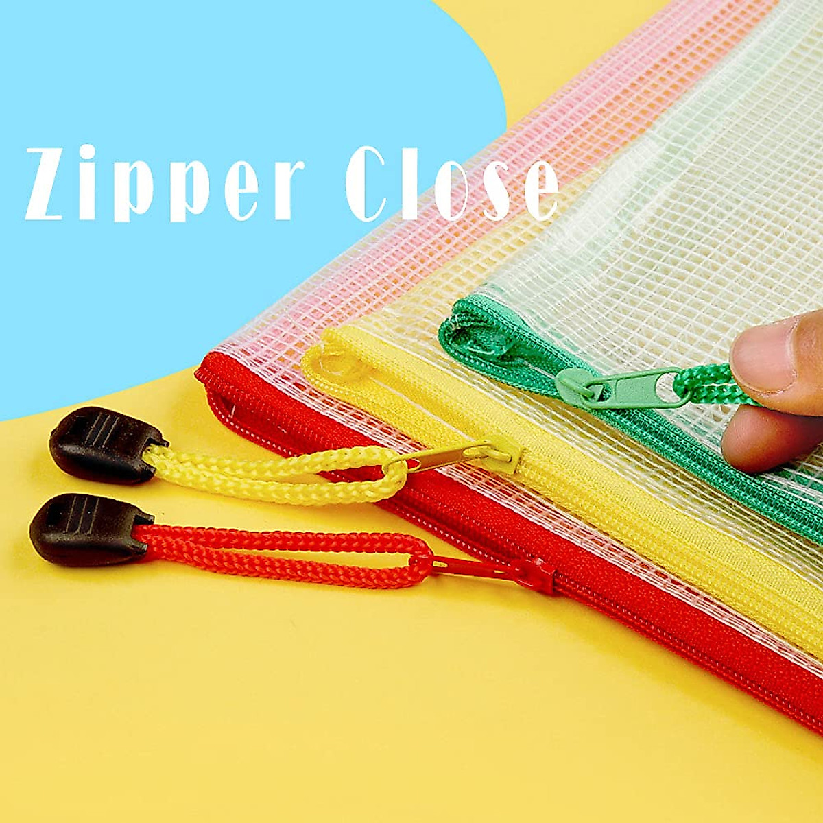 ZYHW Mesh Zipper Pouch, 16.9x12.4 in (5 Colors, 12 Packs), Plastic Zipper Bags, Waterproof Zipper Pouches for School Office Supplies, Puzzles, Board Games & Cross Stitch Projects