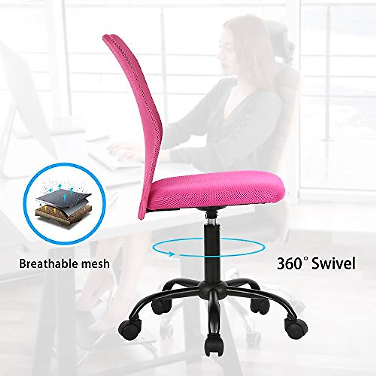 Best Home Product Ergonomic Mesh Office Chair No Arms, Desk Chairs Back Support for Girls Room, Middle Back Rolling Computer Chair, Adjustable Height Task Swivel Chair Pink
