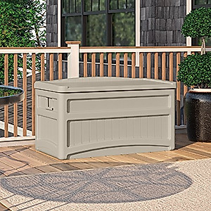Suncast DB7500 73 Gallon Waterproof Outdoor Storage Container for Patio Furniture, Pools Toys, Yard Tools-Stor Deck Box, With Wheels, 73 Gal, Light Taupe