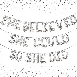 XtraLarge, She Believed She Could So She Did Banner - 16 Inch, Silver Graduation Banner | Graduation Party Decorations 2023 | Metallic Silver Congrats Grad Banner for Graduation Party Supplies 2023