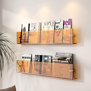 2 Pack Wall Mounted Acrylic Shelves, Floating Acrylic Magazine Storage Shelves, for Office Waiting Room Home Display Bookshelf(40cm+60cm, Orange)