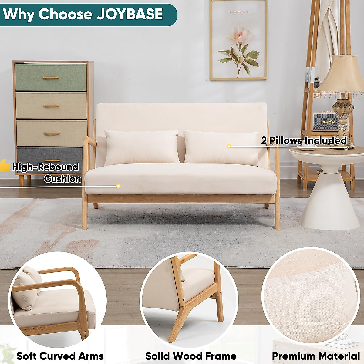 JOYBASE 45.7" W Small Loveseat Couch Sofa, Mid-Century Modern Love Seat Couch with Armrests for Living Room, Small Space, Apartment, Bedroom (Beige, Fabric)