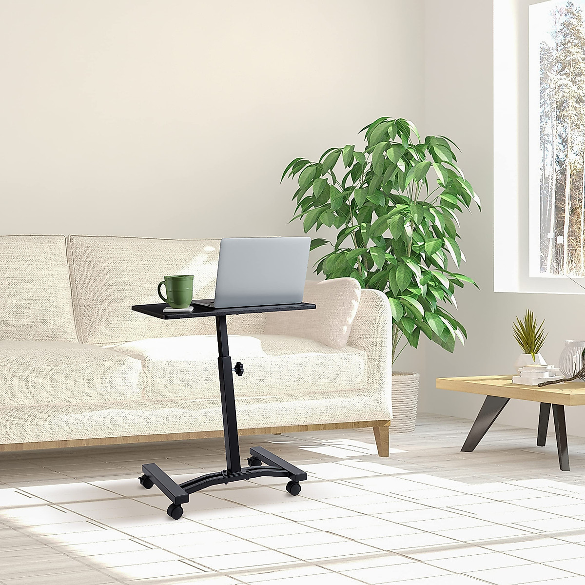 Seville Classics Airlift Height Adjustable Mobile Rolling Laptop Cart Computer Workstation Desk Table Bundle for Home, Office, Classroom, Hospital, w/Wheels