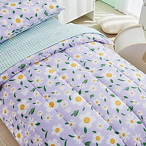 UOZZI BEDDING 4 Pieces White Girls Toddler Bedding Set Purple Floral Style - Includes Adorable Quilted Flower Comforter, Green Plaid Fitted Sheet, Top Sheet, and Pillow Case for Girls Bed