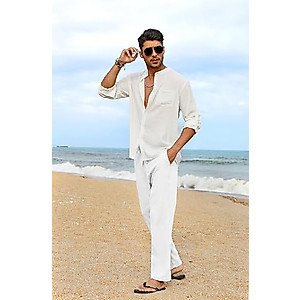 COOFANDY Mens Linen Loose Pants Lightweight Elastic Waist Summer Trouser Yoga Beach Pant with Pockets White Small