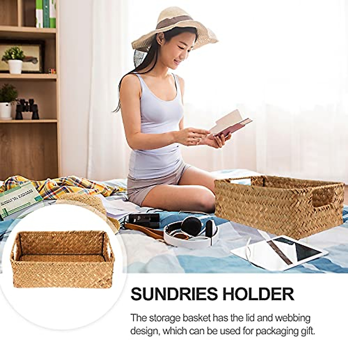 Housoutil 1pc Water Hyacinth Storage Baskets, Woven Basket with Carrying Handles, Decorative Rectangular Wicker Basket Storage Box for Nursery, Living Room, Bathroom 11.8x7.8x3.9in.