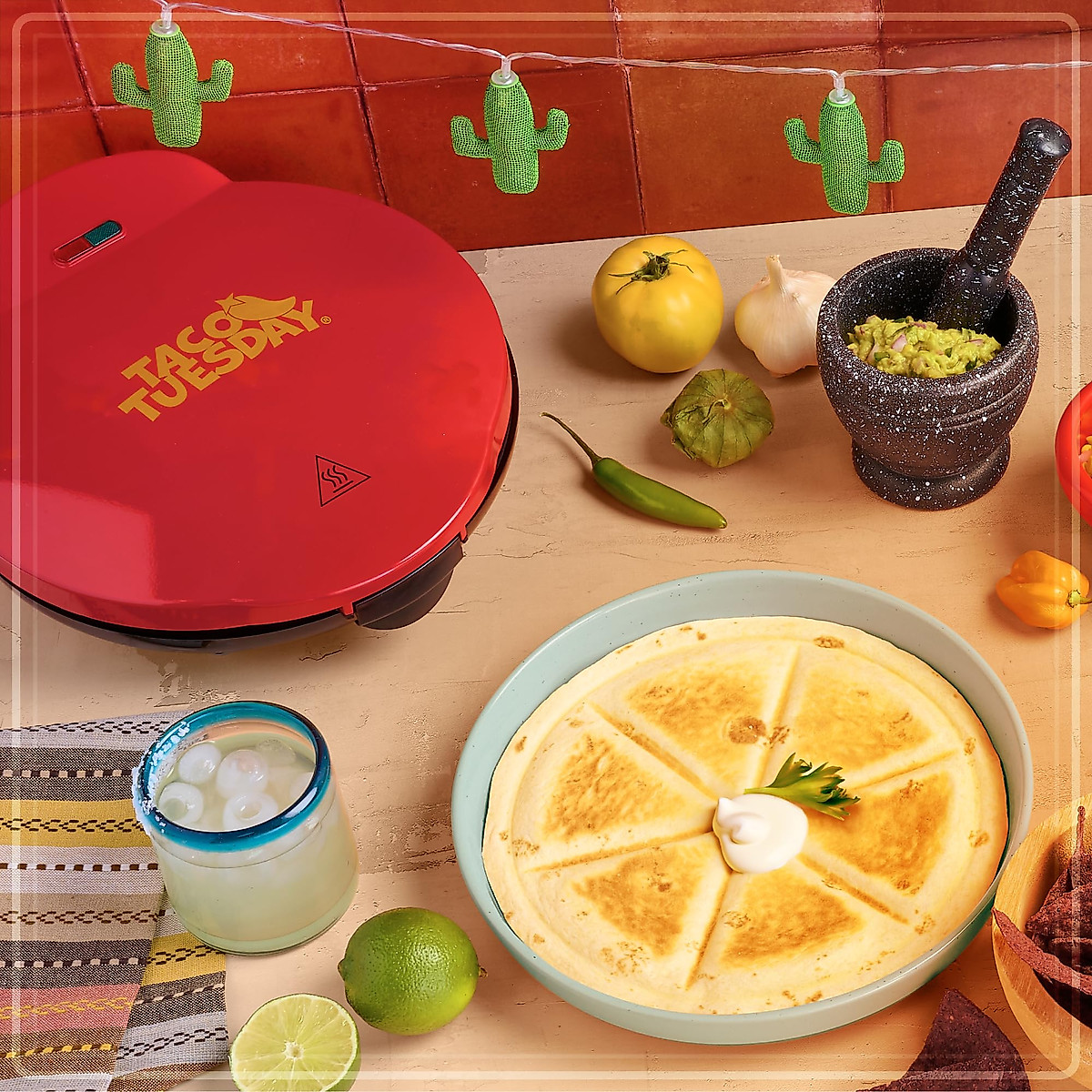 Taco Tuesday Deluxe 10" 6-Wedge Electric Quesadilla Maker with Extra Stuffing Latch, Red