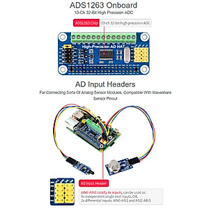 High-Precision AD HAT ADS1263 10-Channel 32-Bit ADC SPI Bus Low Noise Low Temperature Drift,for Raspberry Pi 4B/3B+/3B/2B/Zero/Zero W/Zero WH/2W and Jetson Nano