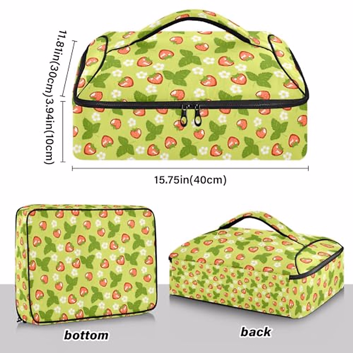 Kcldeci Insulated Thermal Food Carrier Insulated Casserole Carrier for Hot or Cold Food,Strawberries and White Flowers Insulated Tote Bag for Potluck Cookouts Parties Picnic,Lasagna Lugger