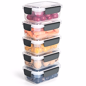 YORY 3 cup Plastic Food Storage Containers with Lids Nestable Freezer Dishwasher Safe Rectangle Container Set,5-Pack