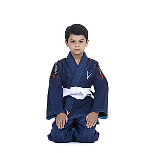Vector Sports Kids Brazilian Jiu Jitsu BJJ Gi with Free White Belt 100% Cotton Pearl Weave Kimono Ultra Lightweight Preshrunk Fabric (Navy, K2)