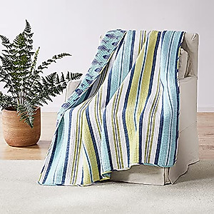 Levtex Home - Bayport - Quilted Throw - 50x60in. - Coastal Stripe - Green, Blue, White - Reversible Pattern - Cotton Fabric