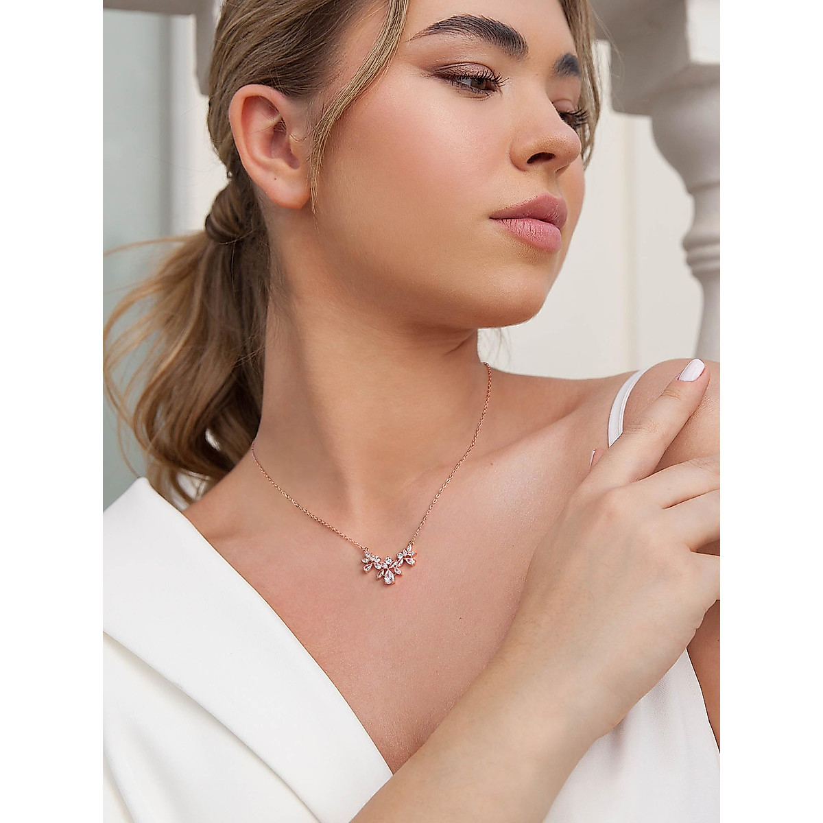 SWEETV Rose Gold Cubic Zirconia Wedding Bridal Backdrop Necklace for Brides, Crystal Dainty Back Necklace, Body Chain Jewelry for Women Prom