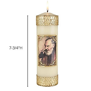 Saint Pio Prayer Candle, Serenity Pillar Candles Hand Decorated with Metallic Gold Tone Wax and Colored Image of Padre, Religious Church Supplies, 7.75 Inches