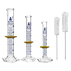 EISCO Graduated Cylinders & Cleaning Brushes - 5 Piece Set - ASTM, Class A - 5mL, 10mL, 25mL - Blue Graduations - 2 Nylon Bristle Brushes - Borosilicate 3.3 Glass