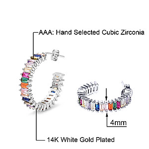 Savlano 14K Gold Plated Cubic Zirconia Multicolor Rainbow Round Hoop Stud Earrings for Women Comes with a Gift Box (White)