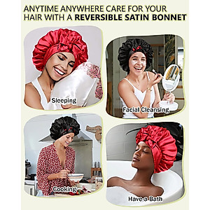 Satin Bonnet Silk Hair Bonnets for Women Curly Hair Wrap for Sleeping Cap Reversible Bonnet with Tie Band Night Cap Double Layer Sleep Cap for Curly Hair (Double-Layer Satin Bonnet (Black + Red)