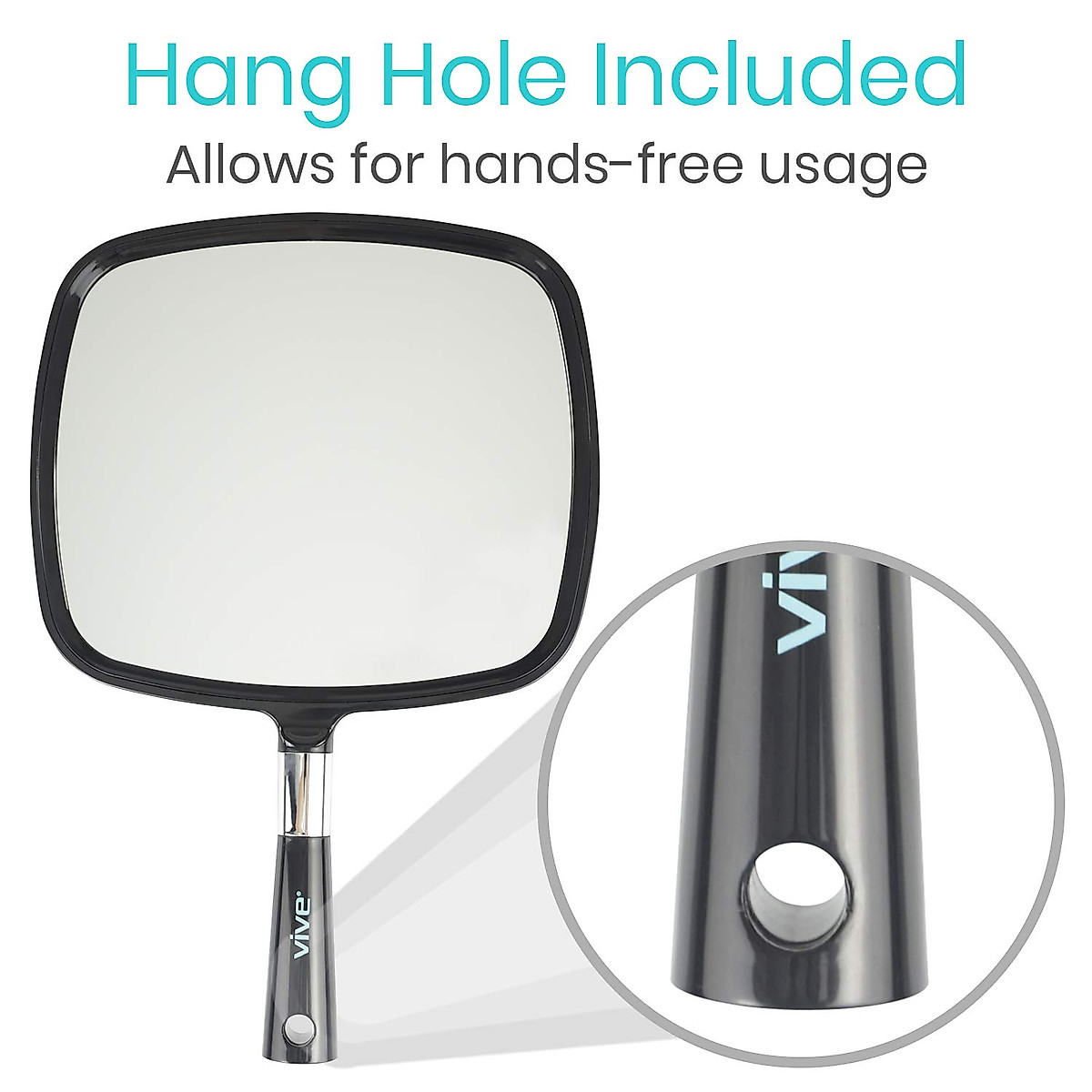 Vive Hand Mirror - Handheld Mirror with Handle - Extra Large Travel Portable Design - Makeup Mirror, Hair, Bathroom, Shaving, Barber - Vanity for Women, Men with Paddle Handle - Black Plastic Tool