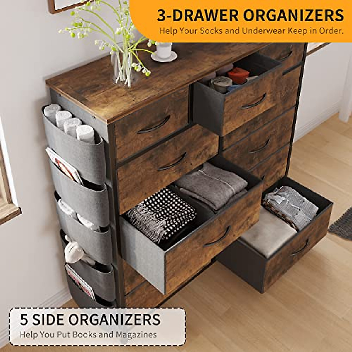 LIVEHOM 11 Dresser Drawer for Bedroom, Chest of Drawers with Side Pockets, Hooks, Fabric Storage Drawer, Steel Frame, Wood Top, Organizer Unit and Pull Handle for Closet, Nursery