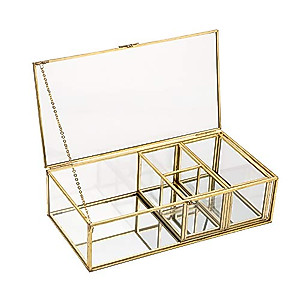 Hipiwe Mirrored Glass Keepsake Box with Two Detachable Internal Glass Organizer - Gold Lidded Box Jewelry Trinket Storage Box Perfume Makeup Lipstick Holder