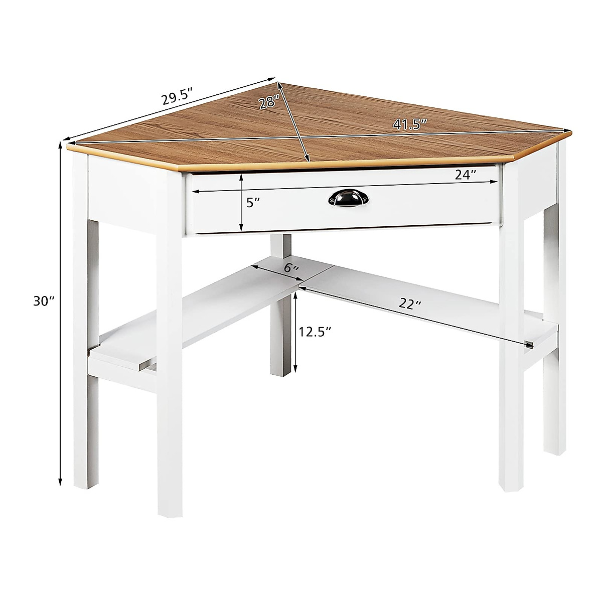 IFANNY Corner Desk, Triangle Desk with Drawers and Shelves, Wood Corner Console Table, Vanity Table with Storage, Corner Writing Desk, Small Corner Desks for Small Spaces (Natural & White)