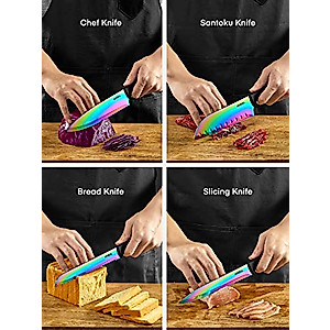 Aiheal Knife Set, 16 Pieces High Carbon Stainless Steel Rainbow Color Kitchen Knife Set, Titanium Coating Blade, No Rust and Super Sharp Cutlery Knife Set with Acrylic Stand and Kitchen Scissors, Gift