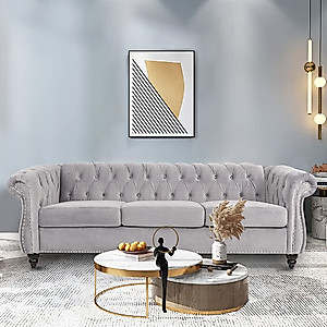 LEVNARY Three-Seat Velvet Sofa, Large Sofa Classic Tufted Chesterfield Settee Sofa Modern 3 Seater Couch Furniture with Tufted Back for Living Room, Dark Grey