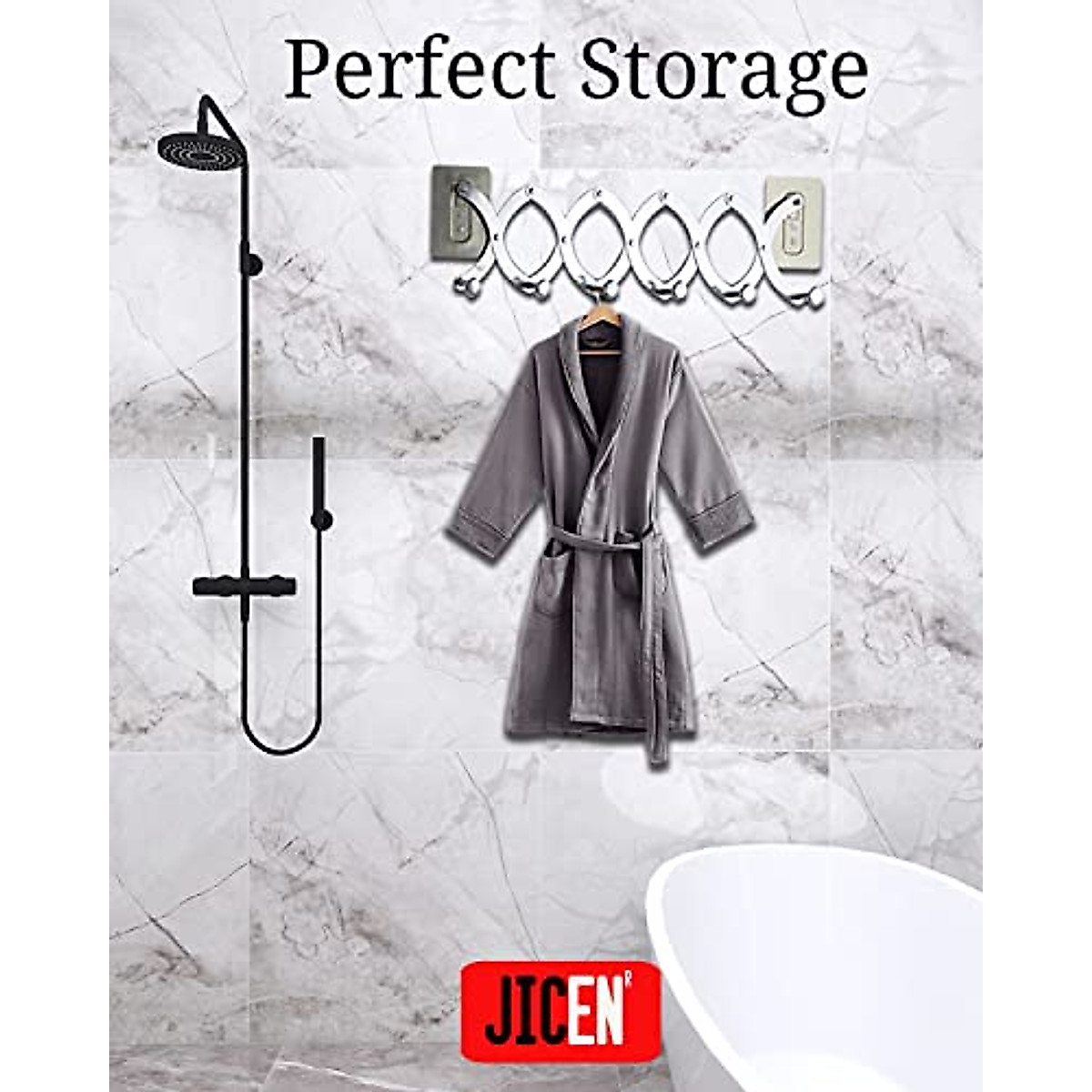 Jicen Over The Door Hooks, Extendable to 23" Wide Towel Holder for Bathroom, Made of Thickened Stainless Steel Door Mount Towel Rack, Towel Rack with Up to 6 Hooks, Easy to Install Towel Hooks.