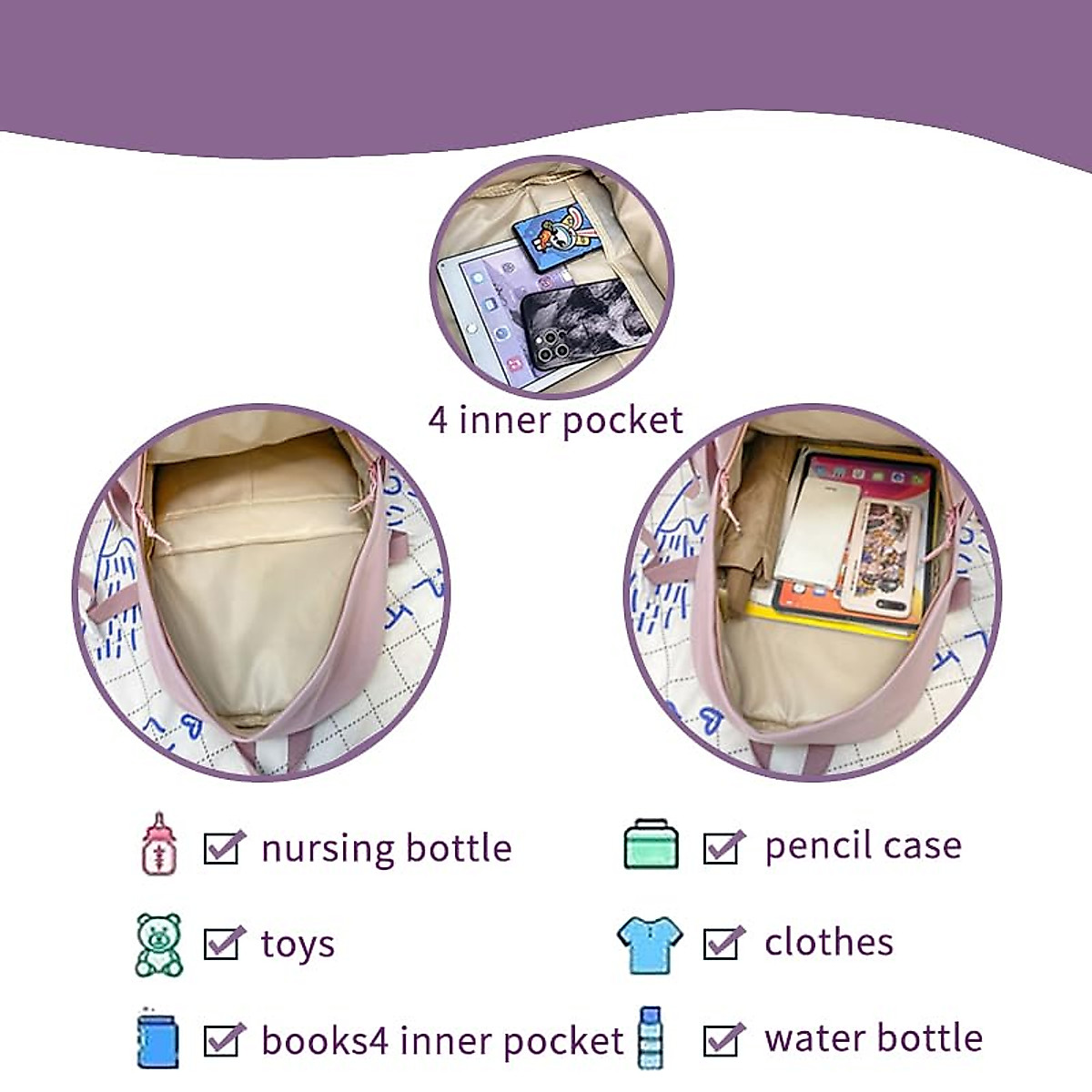 MocaDng Backpack for Girls, Kawaii Backpack Cute Aesthetic Backpack with Pin Accessories Plush Pendant, 17.7 Inch Backpack for School & Travel - Durable, Water Resistant (Purple)