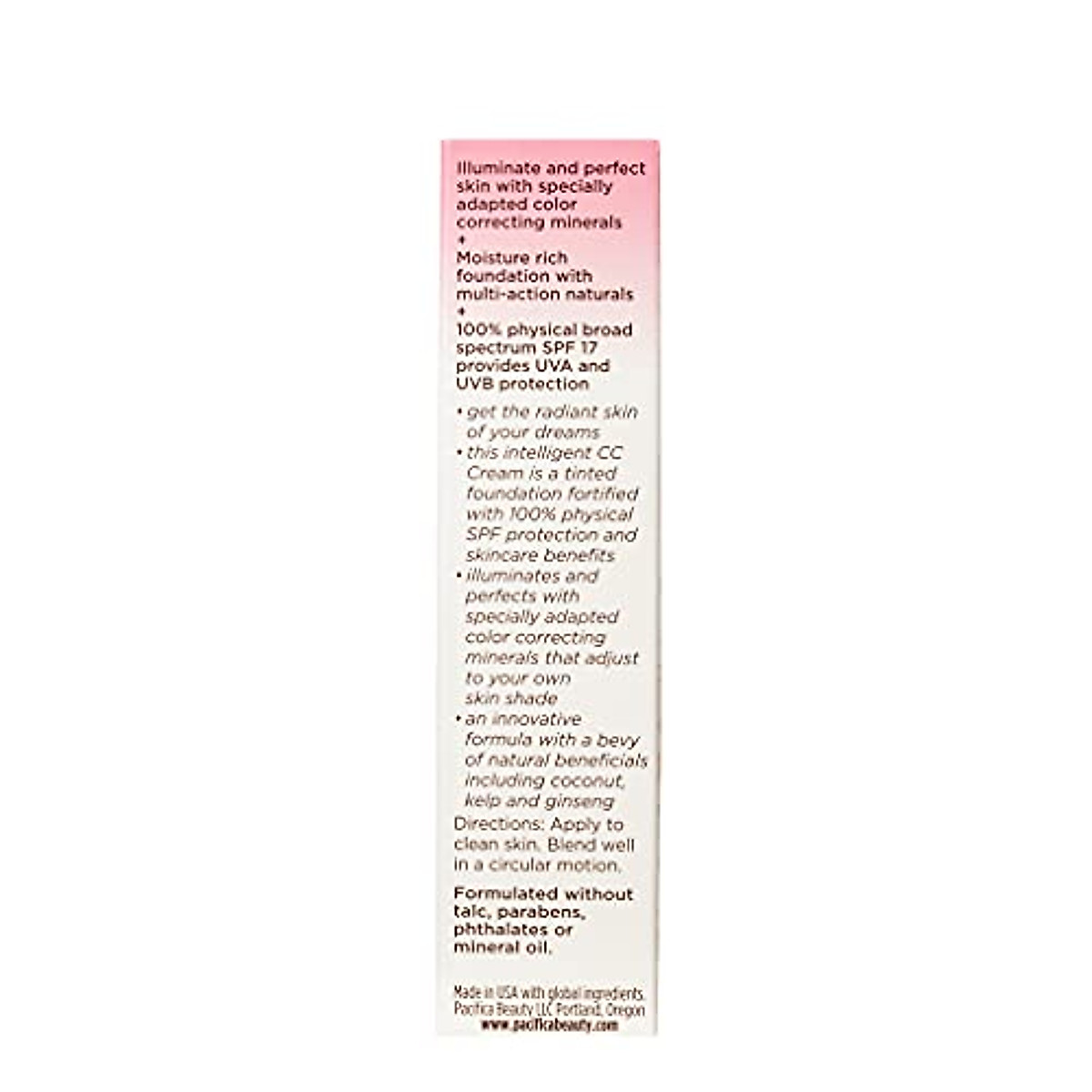 Pacifica Beauty Ultra CC Cream Radiant Foundation with Broad Spectrum SPF 17, Warm/Light Color, 100% Vegan & Cruelty Free, 1 Fl Oz