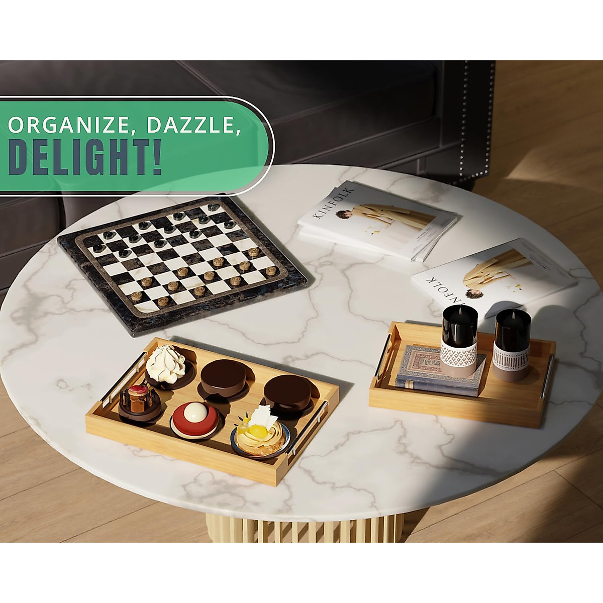 Set of 2 Decorative Serving Trays - Bamboo + Silver Stainless Steel Handles - Coffee Table or Ottoman Tray for Breakfast in Bed Jewelry, Decor Organization - 12"x17" - Pure Bamboo Finish