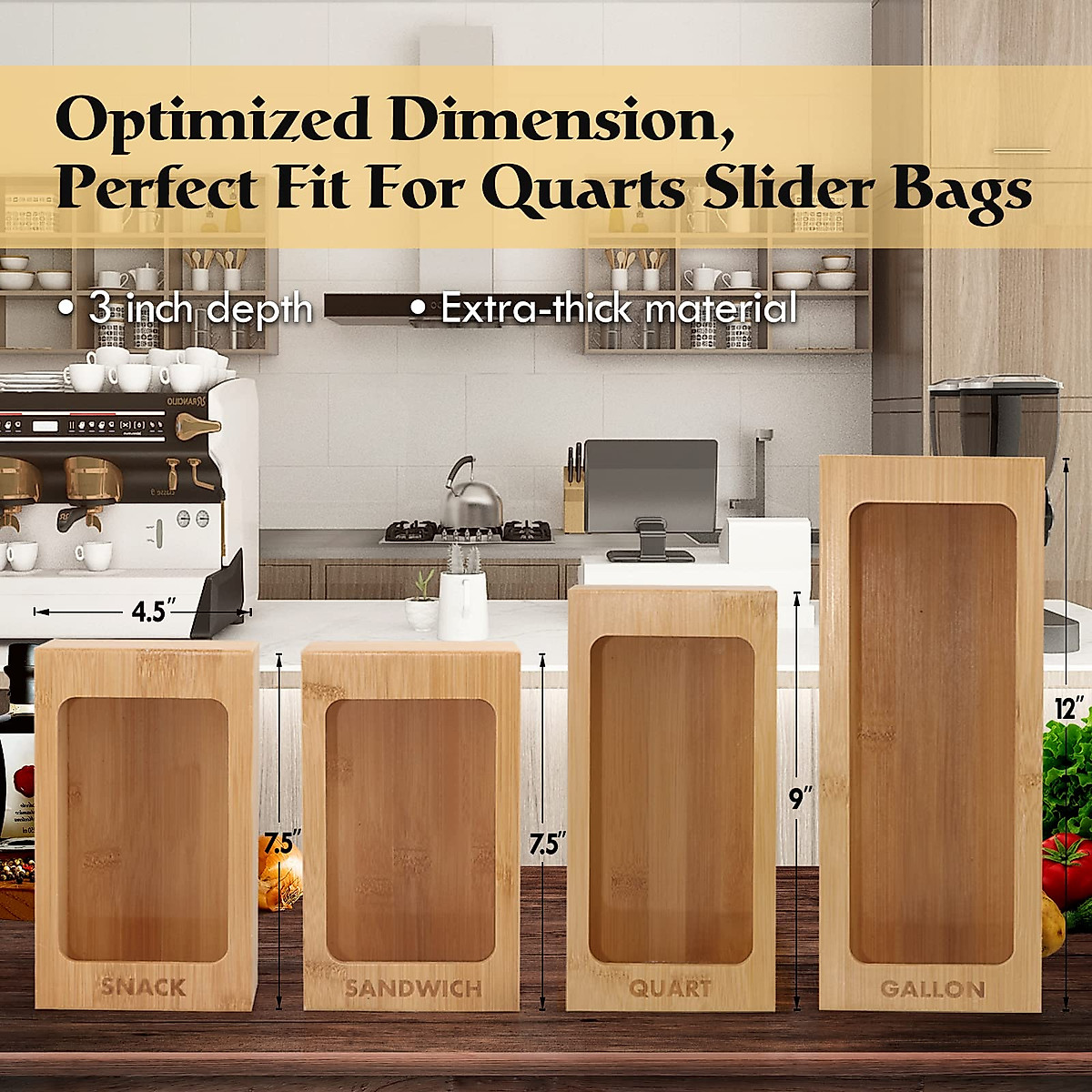 Storage Bag Organizer for Kitchen Drawer Organization, Bamboo Ziplock Bag Organizer for Drawer, Plastic Bag Organizer, Compatible with Quart Sliders, Snack & Sandwich Bag Organizer, Food Baggie Holder