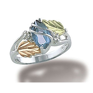 Landstroms Black Hills Gold March Birthstone Ring in Sterling Silver with marquise shaped 10 X 5 MM synthetic Aquamarine Gemstone - Ring Size 8.5