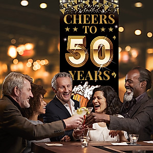 Cheers to 50 Years Door Banner, Happy 50th Birthday Decorations for Men Women, Golden 50th Anniversary, Black Gold 50 Year Class Reunion Party Backdrop Yard Sign for Outdoor Indoor, Fabric, Vicycaty
