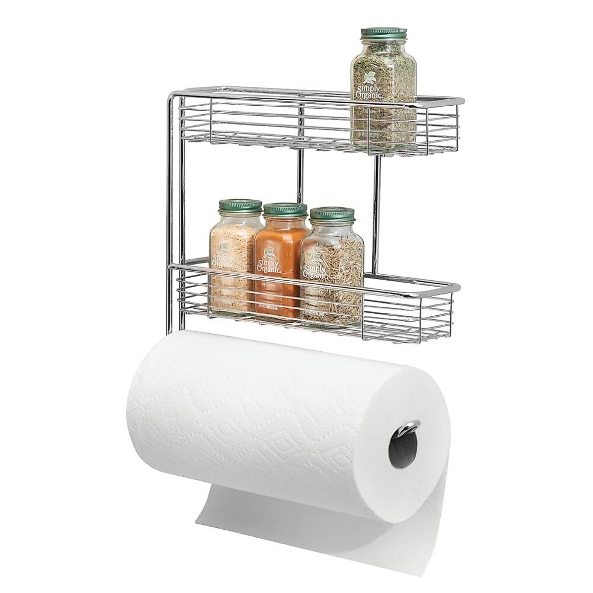 mDesign Wall Mount Metal Paper Towel Roll Holder and Dispenser with 2 Shelf Baskets - Kitchen Storage and Organization for Spice Bottles, Glass Jars, Salt, Pepper - Chrome