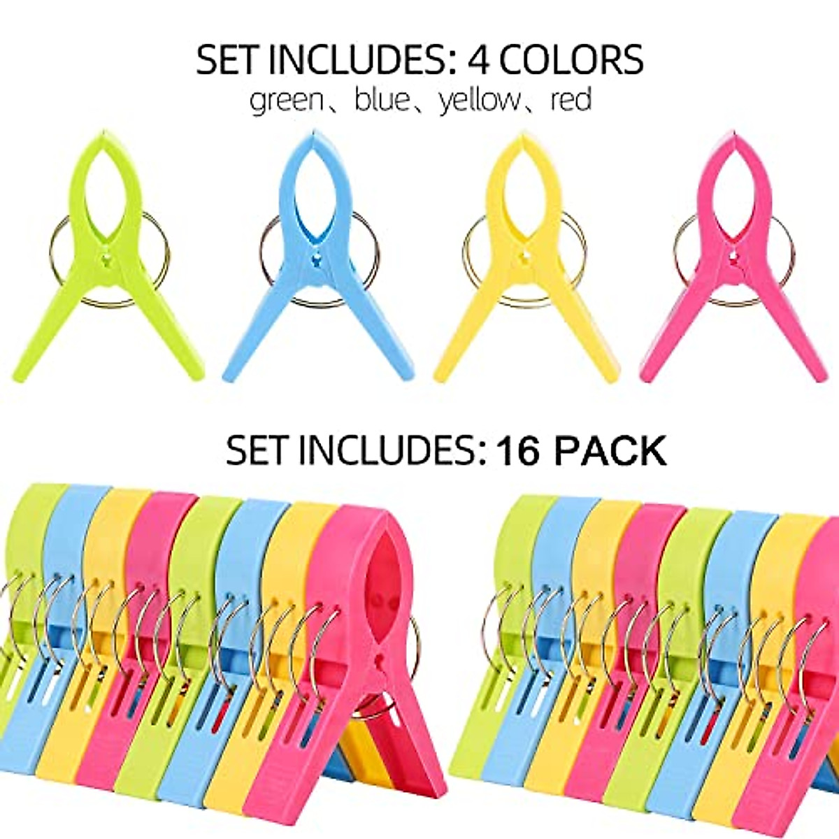 Beach Towel Clips 4.6 inch Big Plastic Clothes Pins Pool Chairs Clothespins for Towels Sheets (Pack of 16)