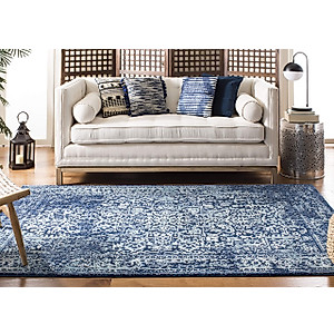 SAFAVIEH Evoke Collection Area Rug - 6'7" x 9', Navy & Ivory, Oriental Distressed Design, Non-Shedding & Easy Care, Ideal for High Traffic Areas in Living Room, Bedroom (EVK256A)