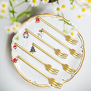 A · HOUSEWARE Dessert Forks Gold Christmas Silverware Set Stainless Steel Flatware Small 6 Pieces Appetizer Utensils With Xmas Charms Handle for Festival Parties and Everyday Use