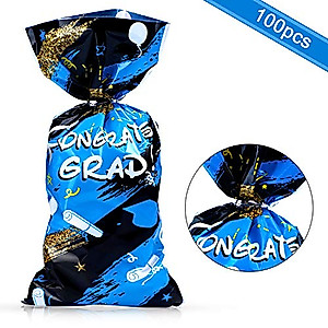 100 Pieces Graduation Cellophane Treat Bags, Congrats Graduates Candy Present Bags Plastic Clear Goodie Wrapping Bags with 100 Silver Twist Ties for Graduation Day (Blue)