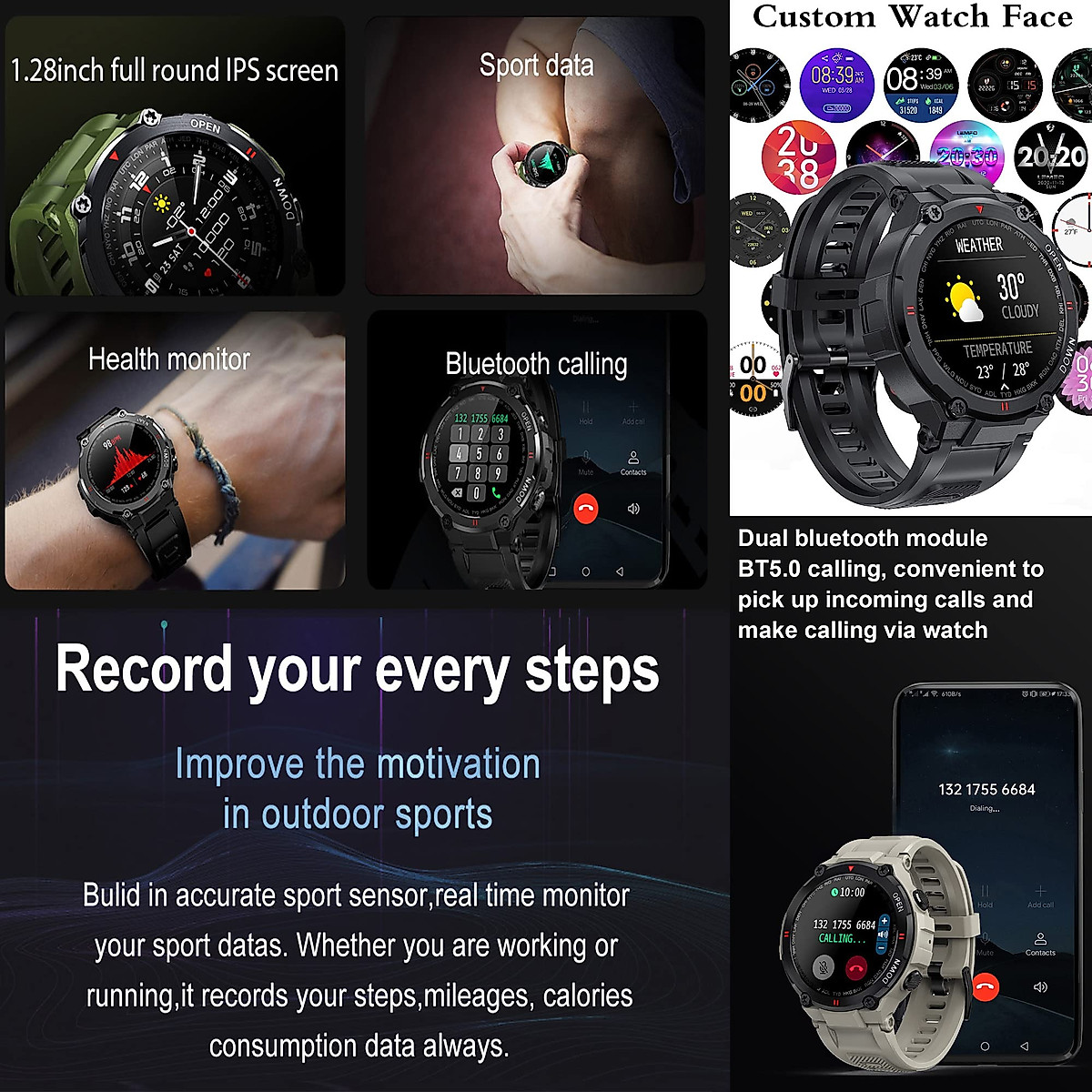HOUJIN Smart Watch for Men Outdoor Waterproof Tactical Smartwatch Bluetooth Dail Calls Speaker 1.3 inch HD Touch Screen Fitness Tracker Watch for Android and iOS, Black